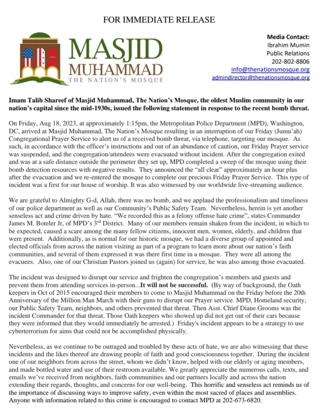 Imam Talib Shareef of the historic Masjid Muhammad, The Nation’s Mosque ...